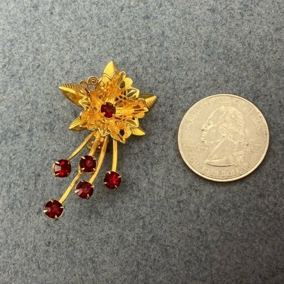 Jewelry | Gold Flower Pin Brooch Filigree Ruby Red Rhinestone Openwork ...